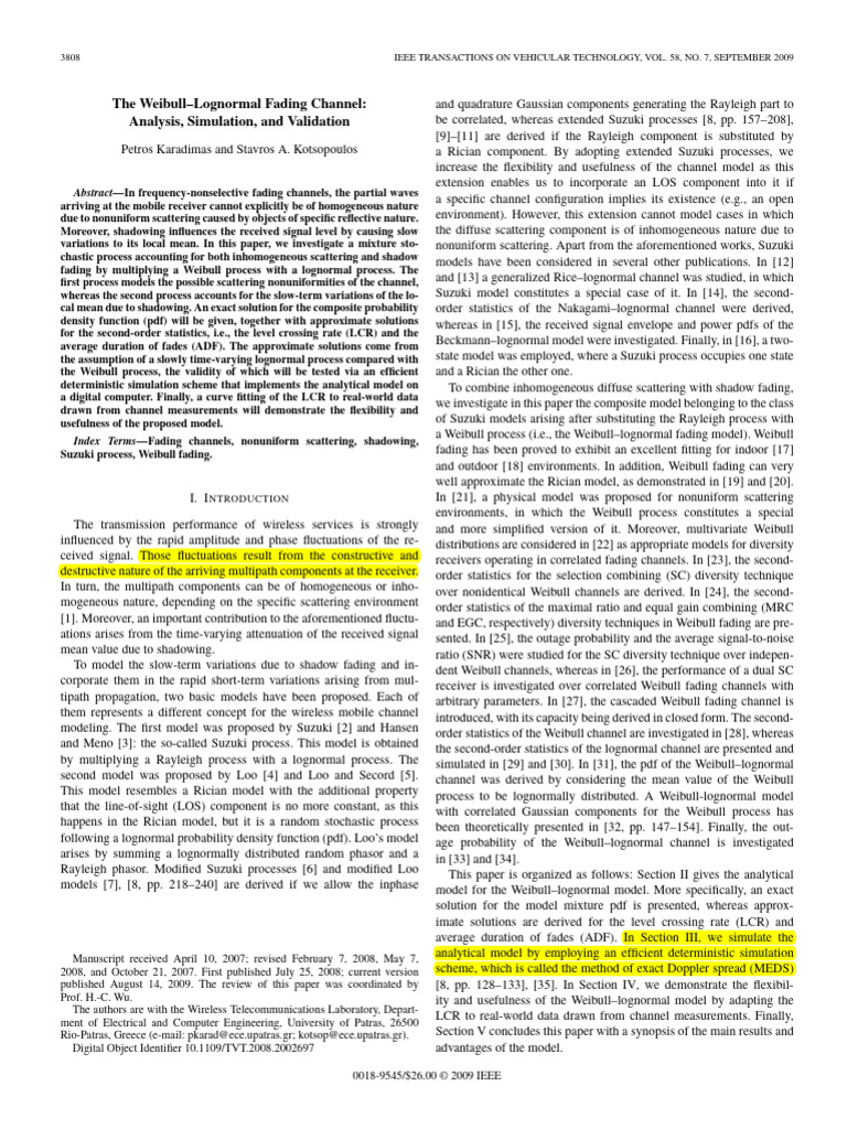 2009 - LCR - The Weibull Lognormal Fading Channel | PDF | Scattering