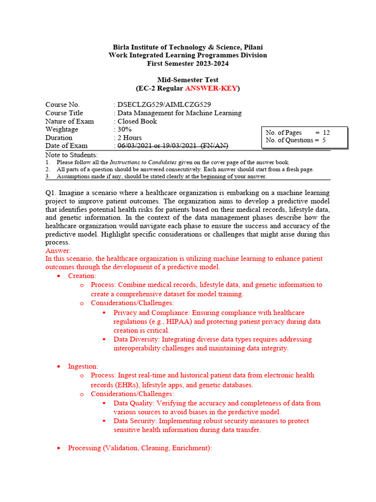 DSECLZG529 AIMLCZG529 Data Management For Machine Learning Midsem - Regular AK | PDF | Data ...