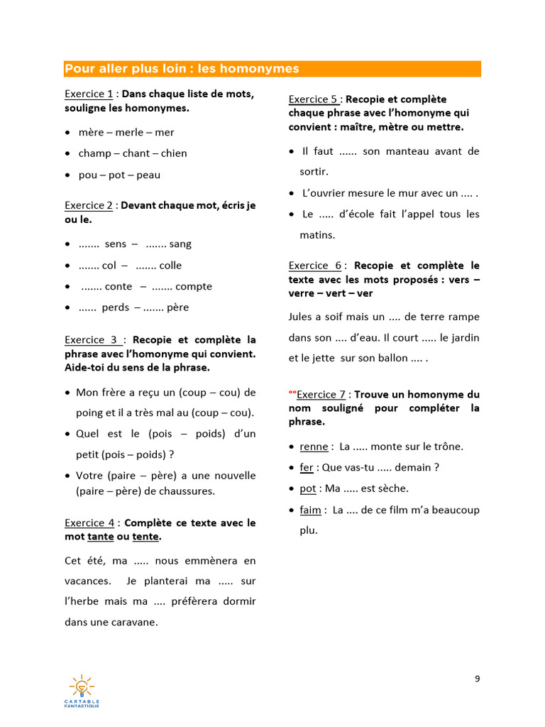 Exercices sur les homonymes CE2 | PDF