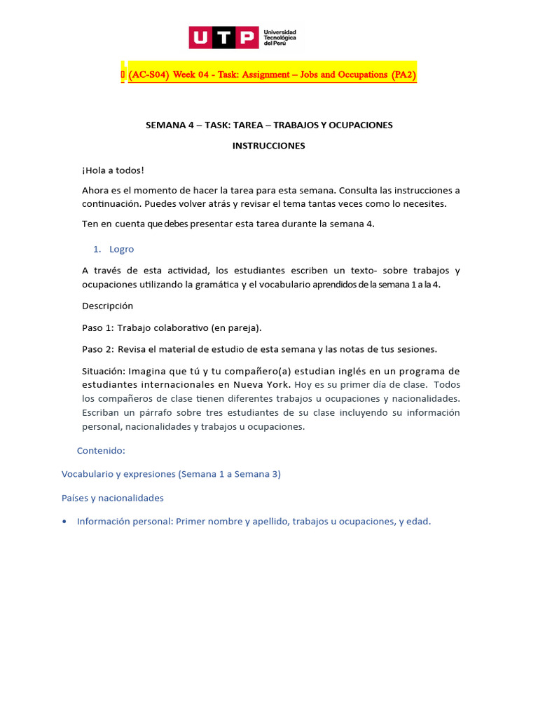 ? (AC-S04) Week 04 - Task Assignment - Jobs and Occupations (PA2) | PDF | Lingüística | Gramática