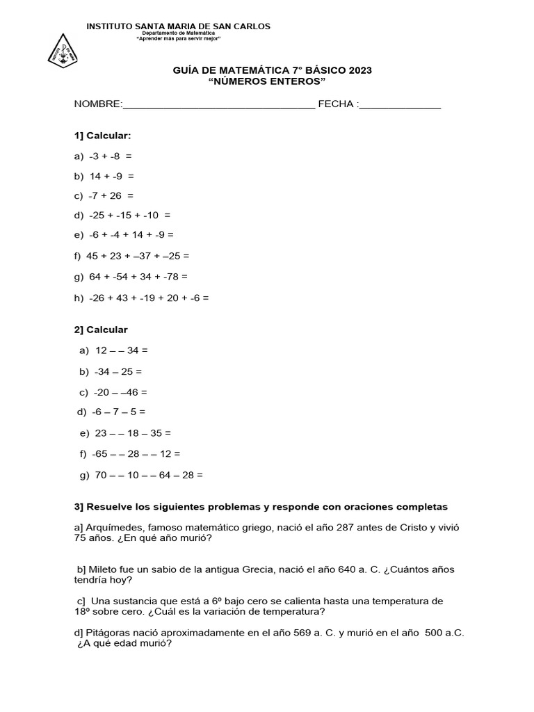Guía de Matemática Repaso Numeros Enteros 7mo | PDF