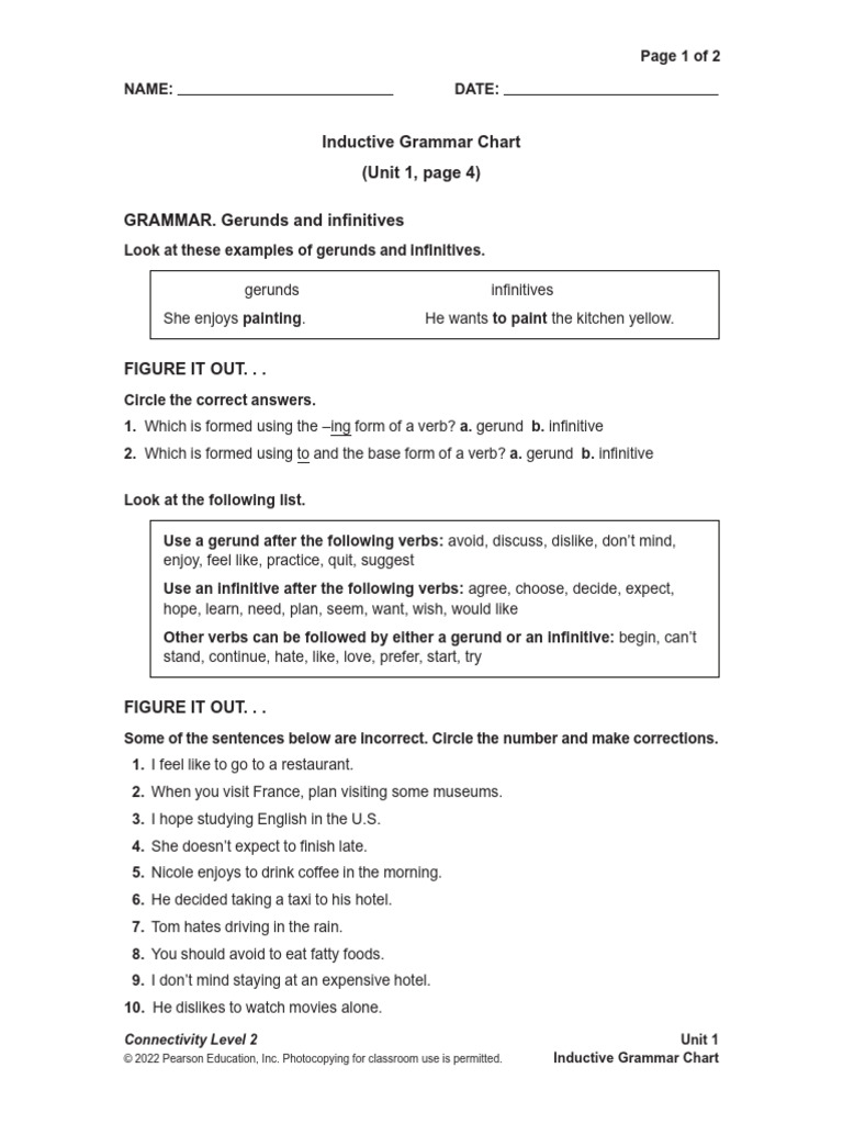CTY2 Inductive Grammar Charts Unit 1 | PDF | Verb | Preposition And Postposition