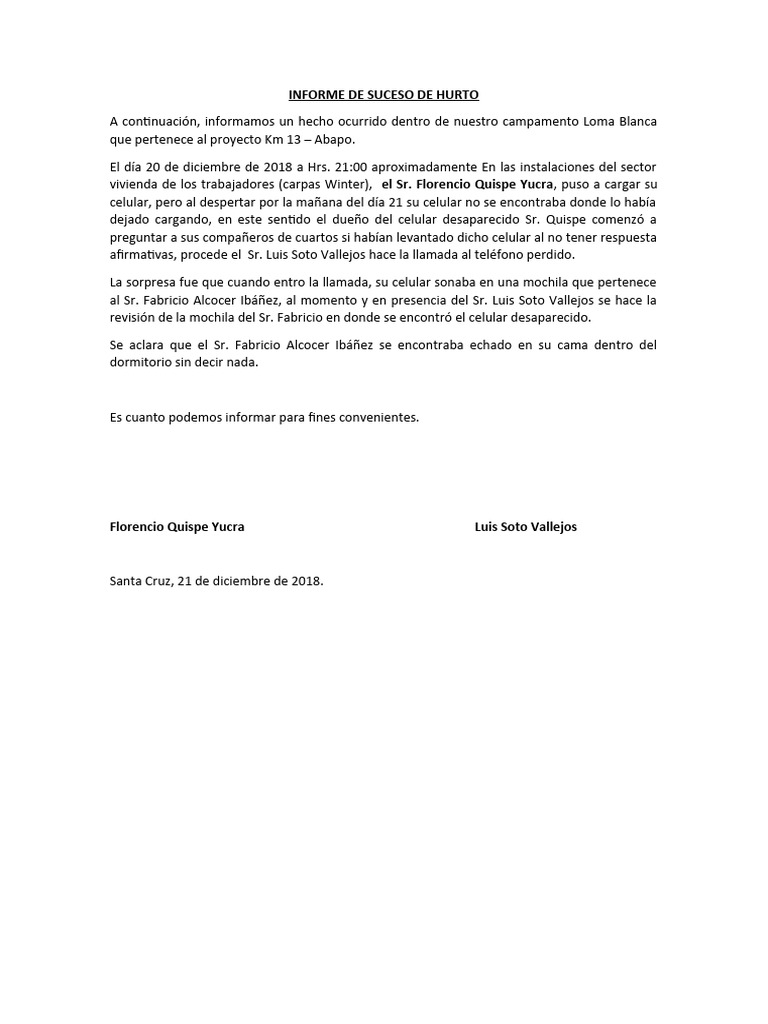 INFORME DE SUCESO DE HURTO | PDF INFORME DE SUCESO DE HURTO | PDF