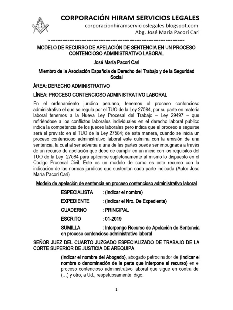 Modelo de Recurso de Apelacion de Sentencia en Un Proceso Contencioso Administrativo Laboral ...