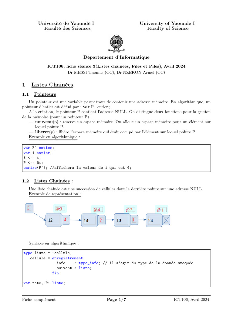 Ict106 Fiche Compléments Seances 3 | PDF | Pointeur (programmation) | Génie logiciel