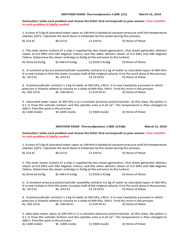 Midterm Exam | PDF | Steam | Enthalpy