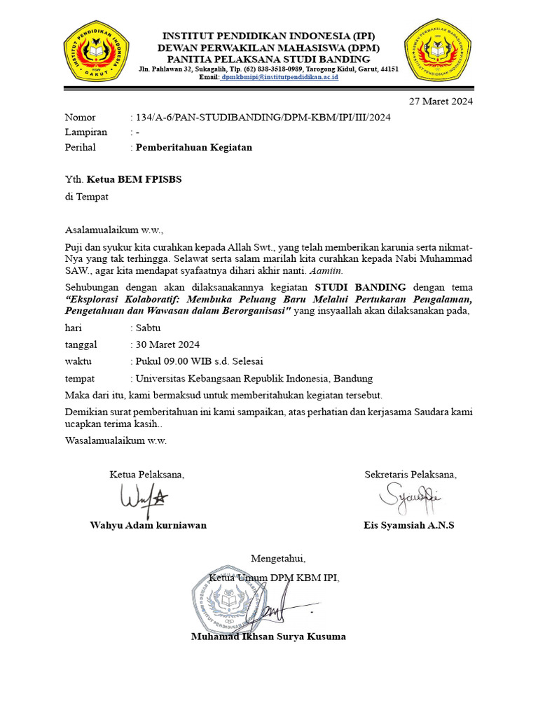 SURAT PEMBERITAHUAN STUDI BANDING - BEM FPISBS | PDF SURAT PEMBERITAHUAN STUDI BANDING - BEM FPISBS | PDF