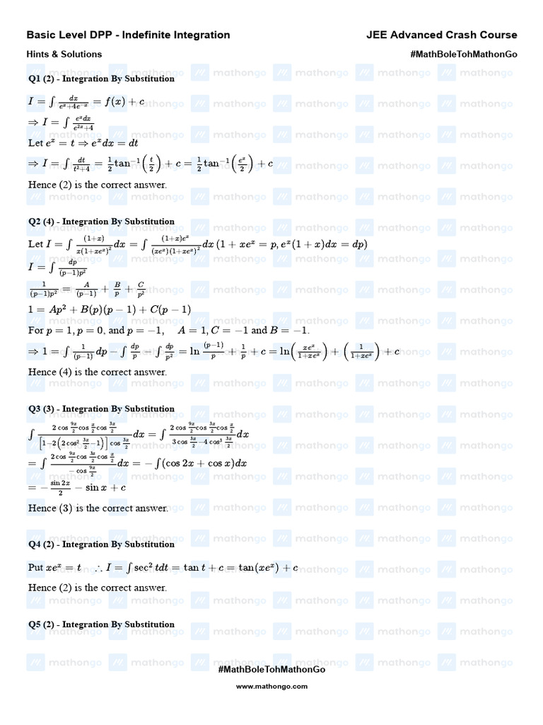 Basic Level DPP Indefinite Integration Solution Mathongo | PDF | Trigonometric Functions ...