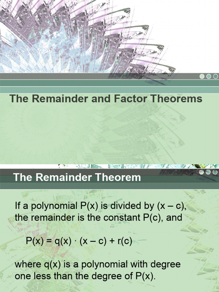 Remainder and Factor Theorem | PDF | Factorization | Polynomial