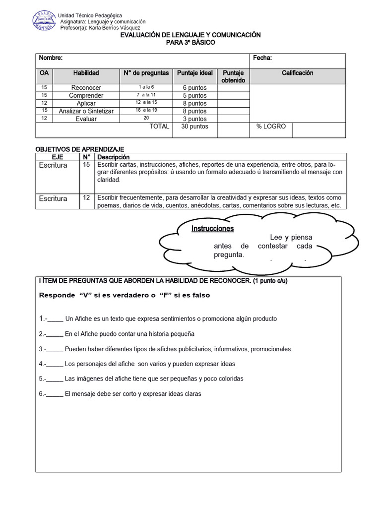 Evaluación Sumativa Lenguaje 3 Basico-2-2 | PDF | Comunicación | Póster