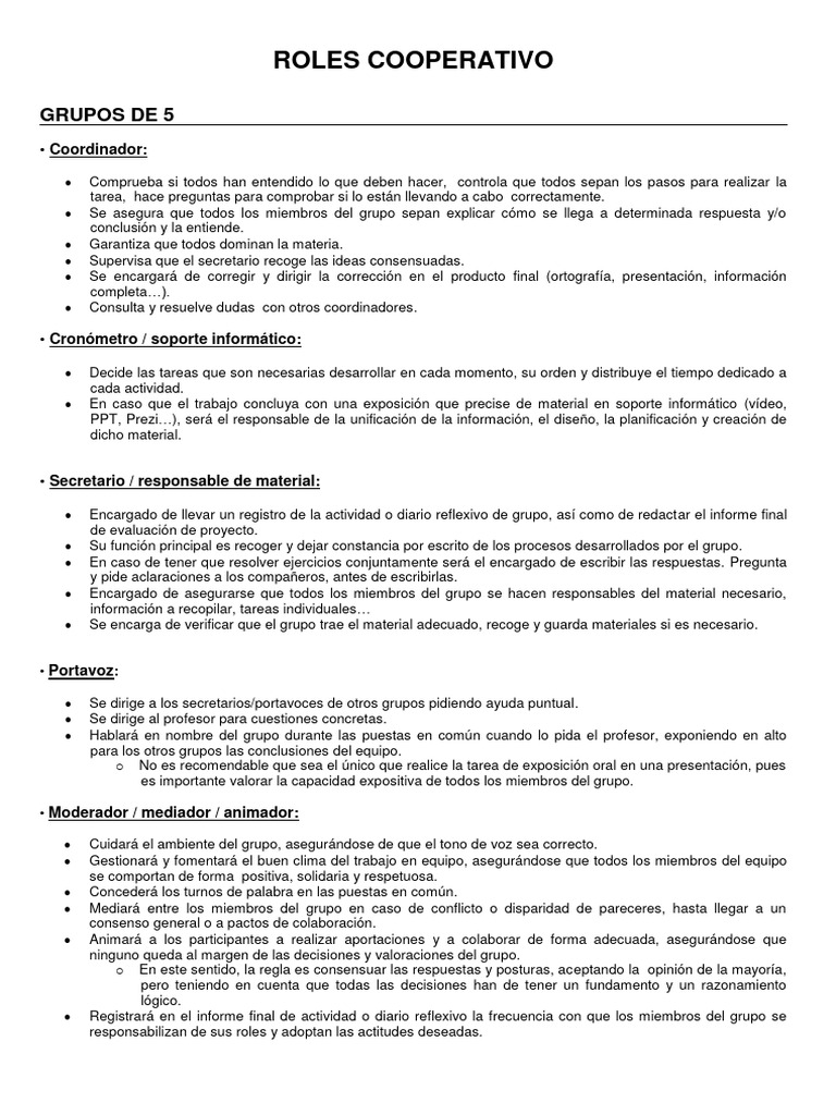 Roles Cooperativo 3-4-5 | Descargar gratis PDF | Evaluación | Planificación