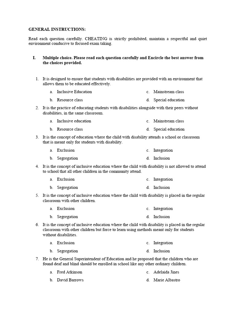 Test Construction Multiple Choice Exam Pdf Inclusion Education Special Education