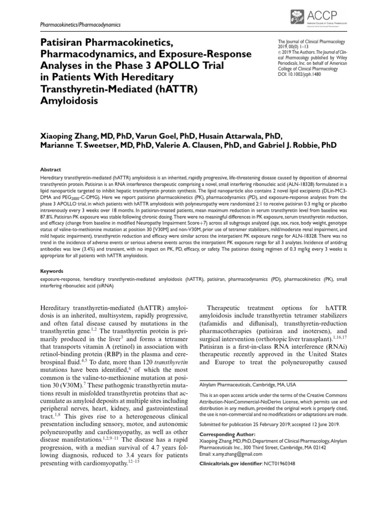 Patisiran Pharmacokinetics, Pharmacodynamics, and Exposure-Response ...
