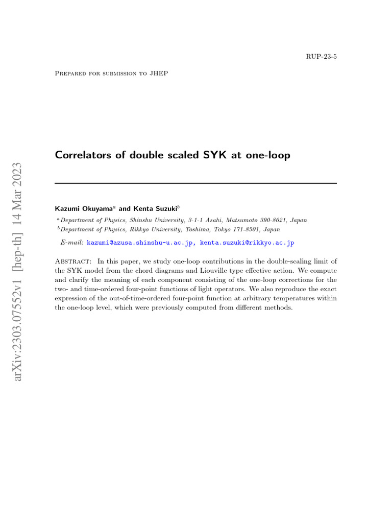 2303.07552 Correlators of Double Scaled SYK at One-Loop | PDF | Physics ...
