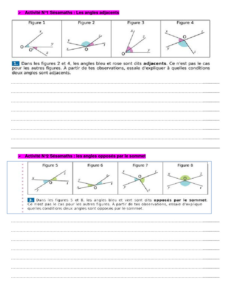 5° - Activité N°1et N°2 - Sésamaths - Les Angles Adjacents - Opposés ...