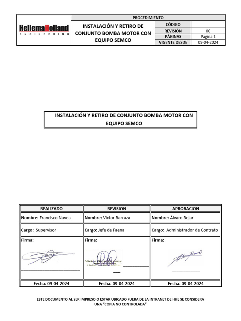 Procedimiento Instalación y Retiro de Conjunto Bomba Motor Con Equipo Semco | PDF | Seguridad y ...