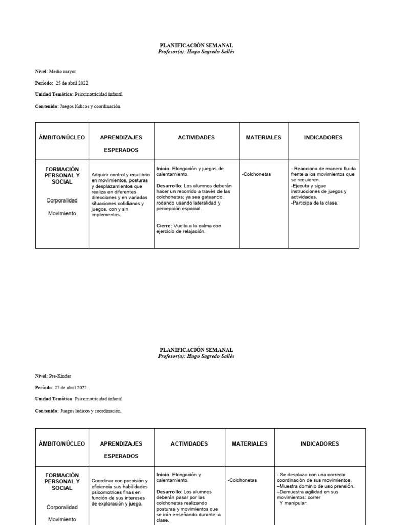 Planificación Semanal Psicomotricidad Infantil | PDF
