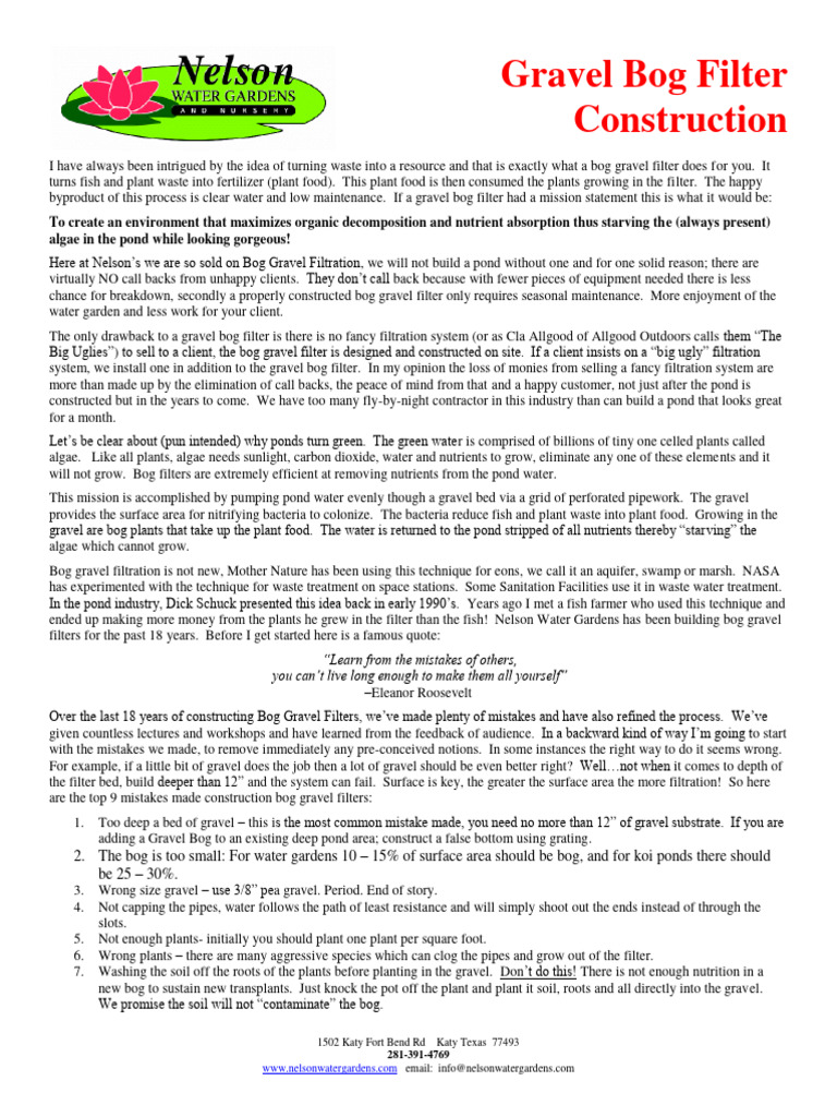 Gravel Bog Filter Construction Guide | PDF | Filtration | Pond