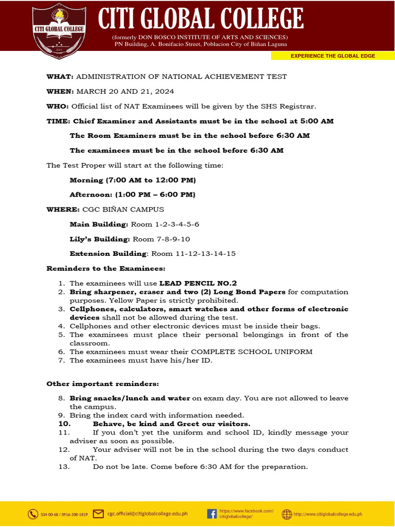 National Achievement Test Reminders To G12 | PDF | Science & Mathematics