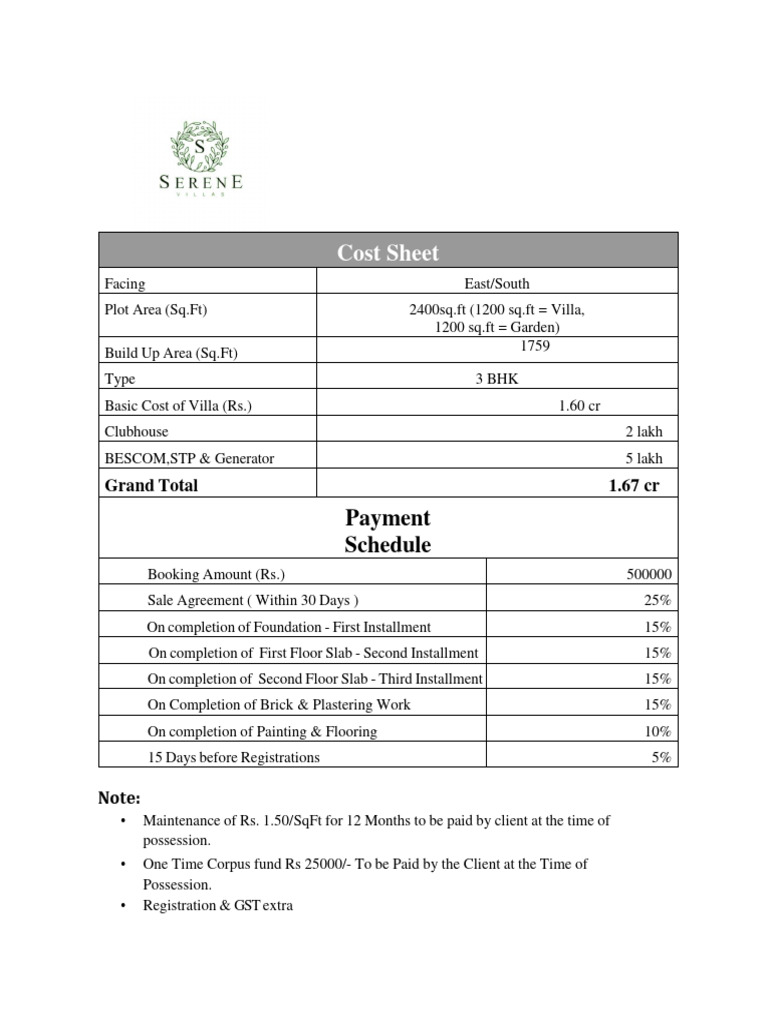 Cost Sheet Final (Mr. Vinay) 2400 SQFT With Villa | PDF