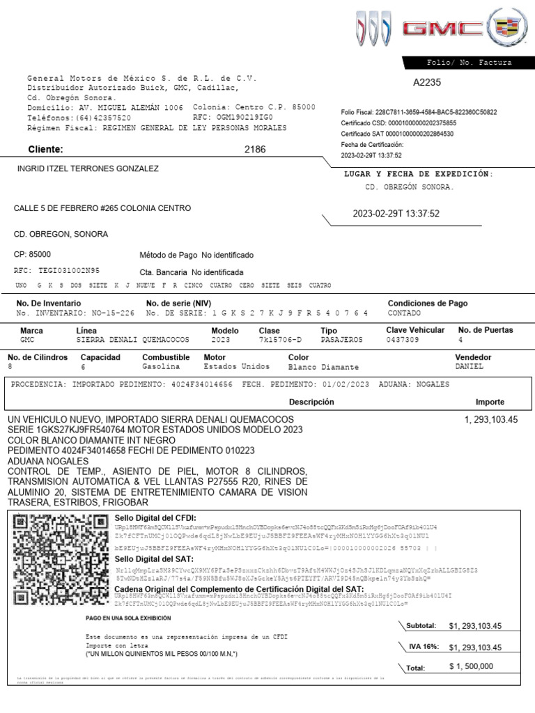 FACTURA GMC | PDF | Carros deportivos | Tecnologías automotrices