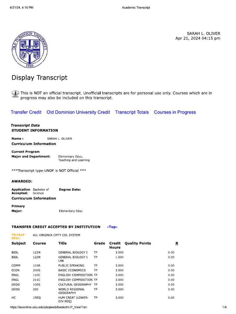 Unoffical Transcript | PDF