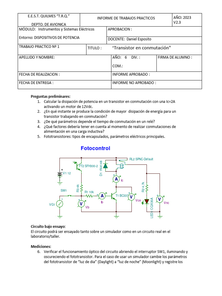 TP - 1 v2.3 (Transistor en Conmutacion) | Descargar gratis PDF | Relé | Red eléctrica