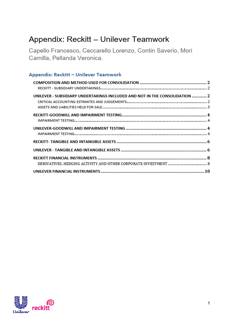 CoReGA Groupwork Reckitt - Unilever Appendix | PDF | Fair Value | Intangible Asset