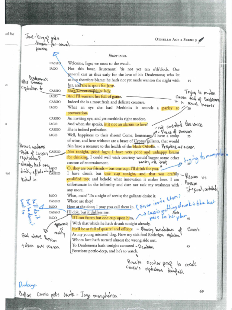 'Othello' Act 2 Scene 3 Annotations | PDF
