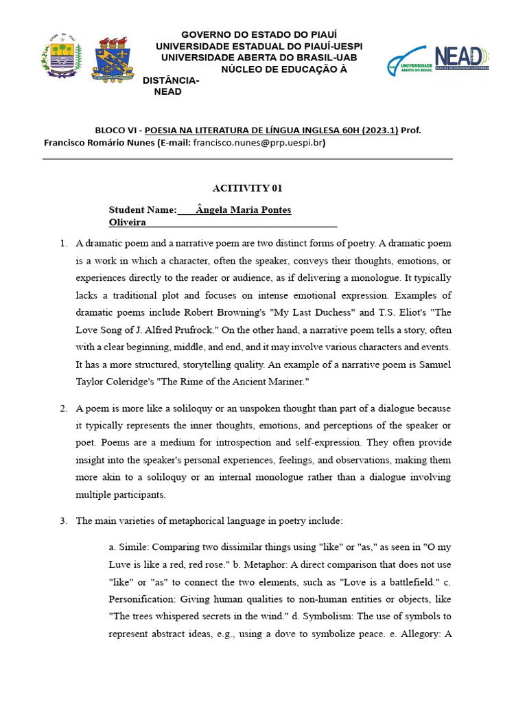 Activity 01 - Poetry | PDF | Poetry