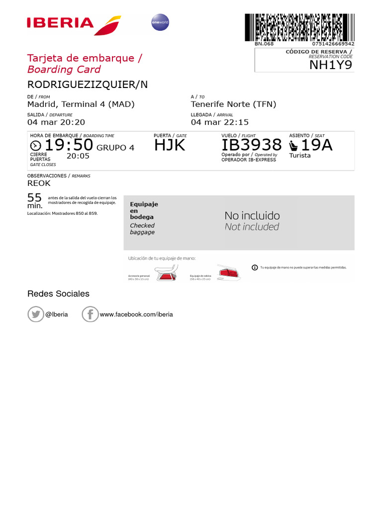 Tarjeta de Embarque Madrid a Tenerife | PDF