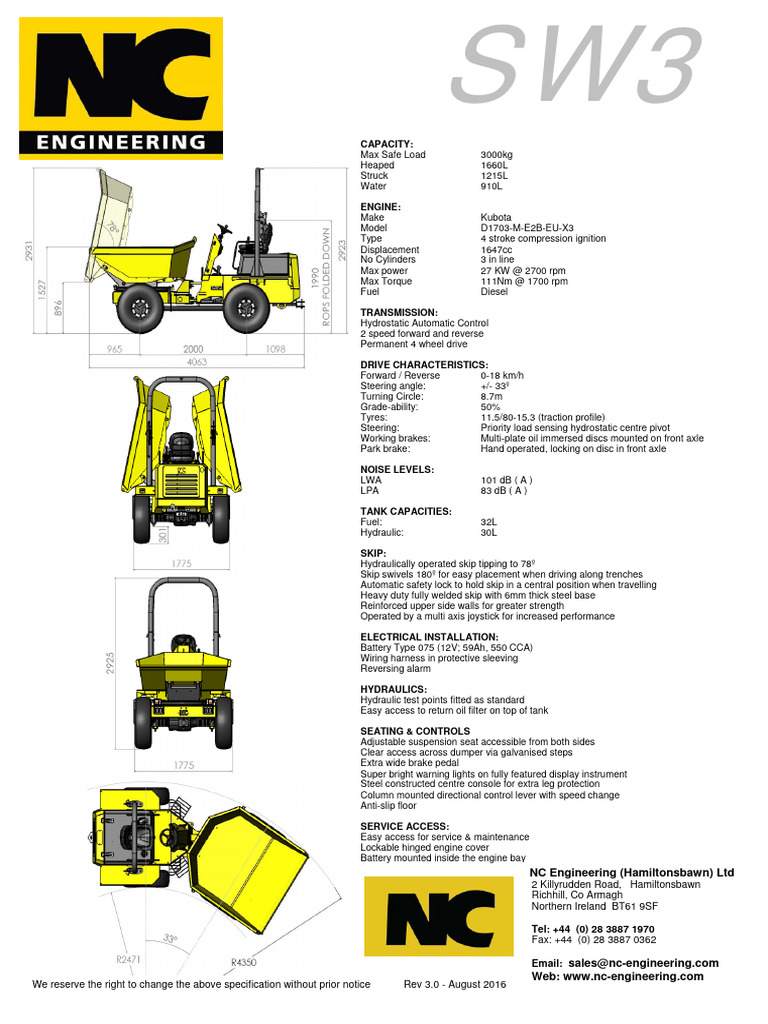 SW3 Spec Sheet - en - Rev 3.0 August 2016 | PDF | Diesel Engine | Brake