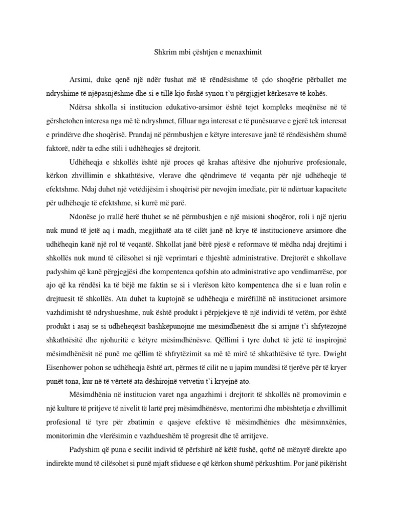 Shkrim Mbi Çeshtjen e Menaxhimit | PDF