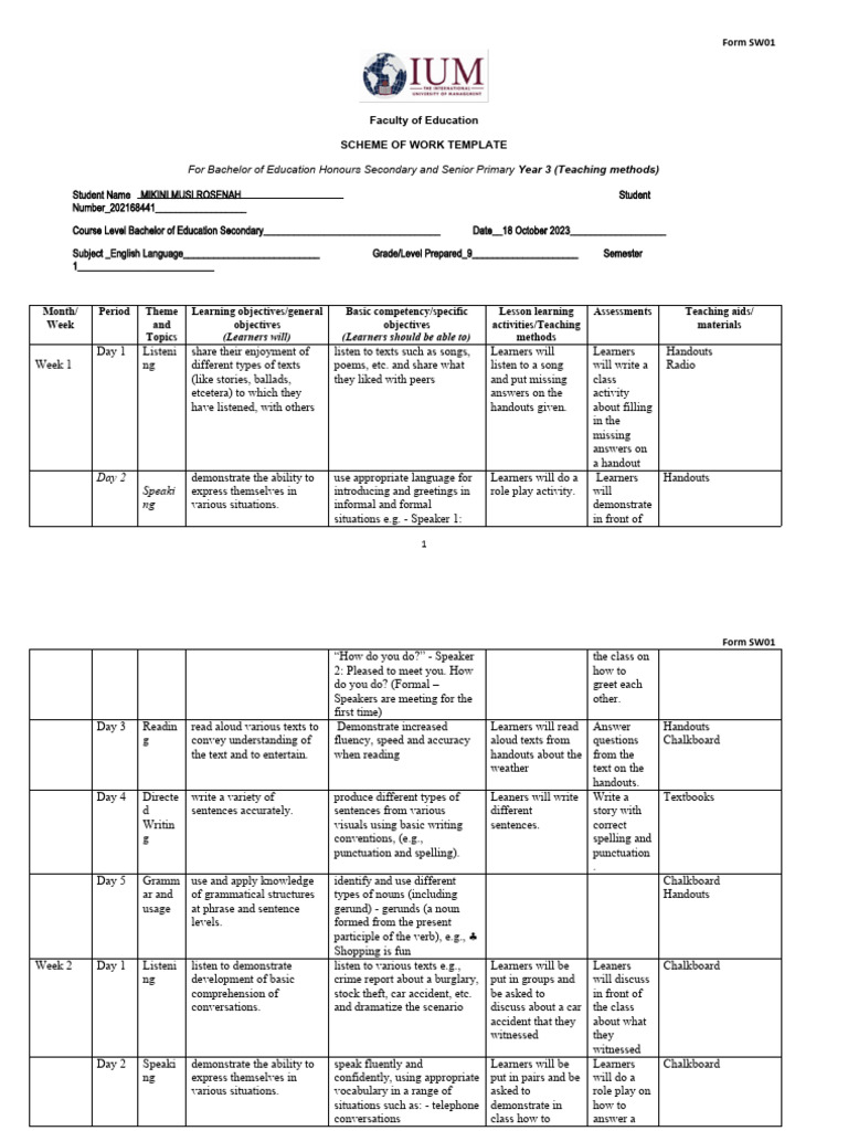 Form SW01 - IUM Template For Scheme of Work Rose | PDF | Verb | Learning