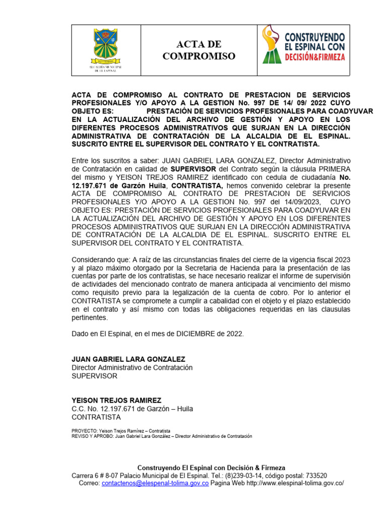 Acta de Compromiso Yeison | PDF