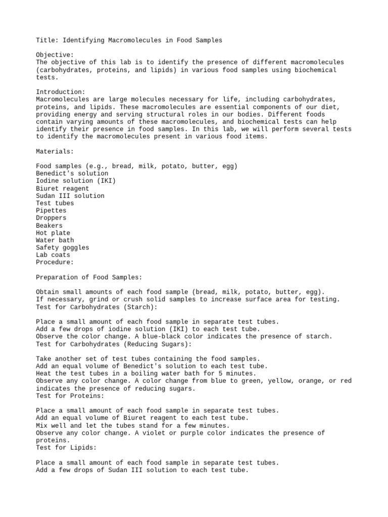 Identifying The Macromolecules Present in Food. Food Tests | PDF ...
