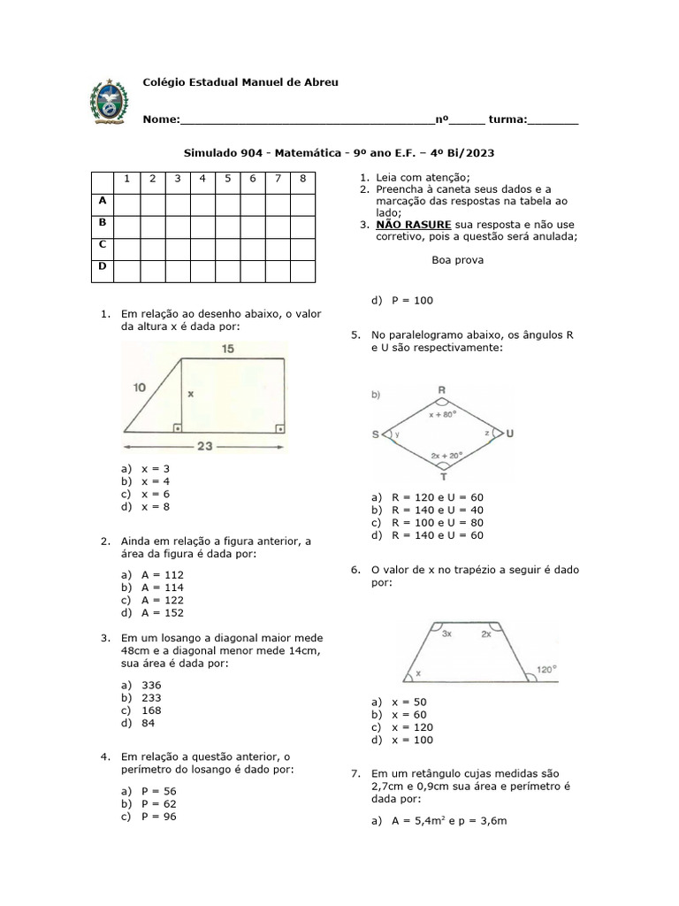 904 Matemática - 4º Bi - Simulado | PDF | Geometria Elementar | Geometria Euclidiana