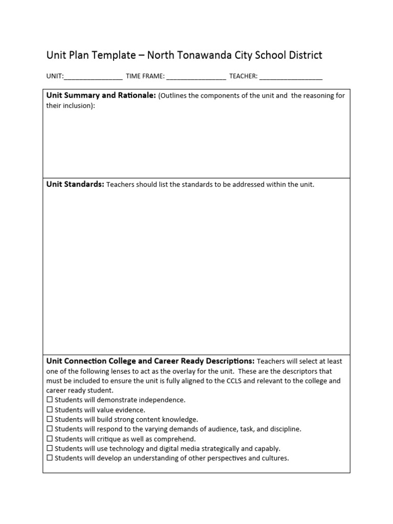 Unit Plan Template - North Tonawanda City School District: Unit Summary ...