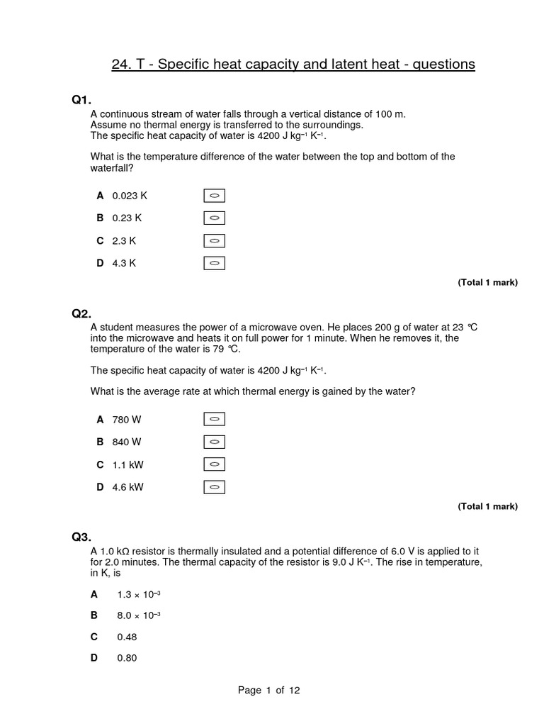 T - Specific Heat Capacity and Latent Heat - Questions | PDF | Heat ...