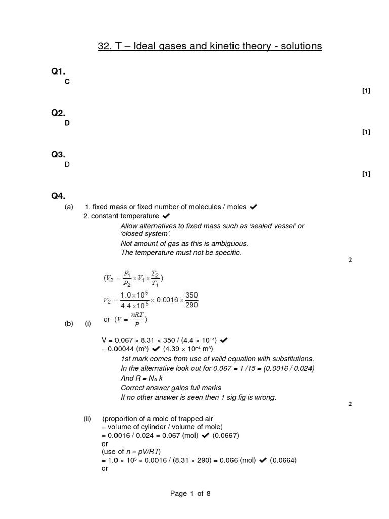32. T – Ideal gases and kinetic theory - solutions | PDF | Gases | Mole (Unit)