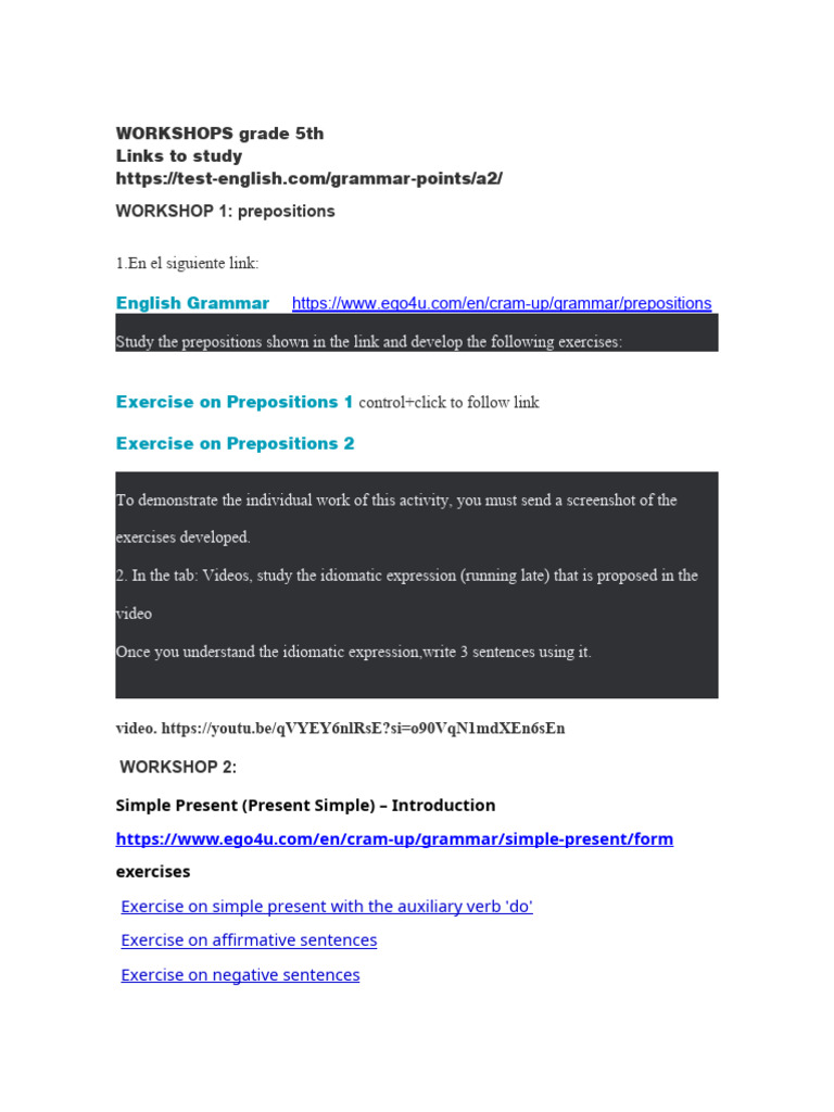 WORKSHOPS_grade_5th | PDF | English Grammar | Languages