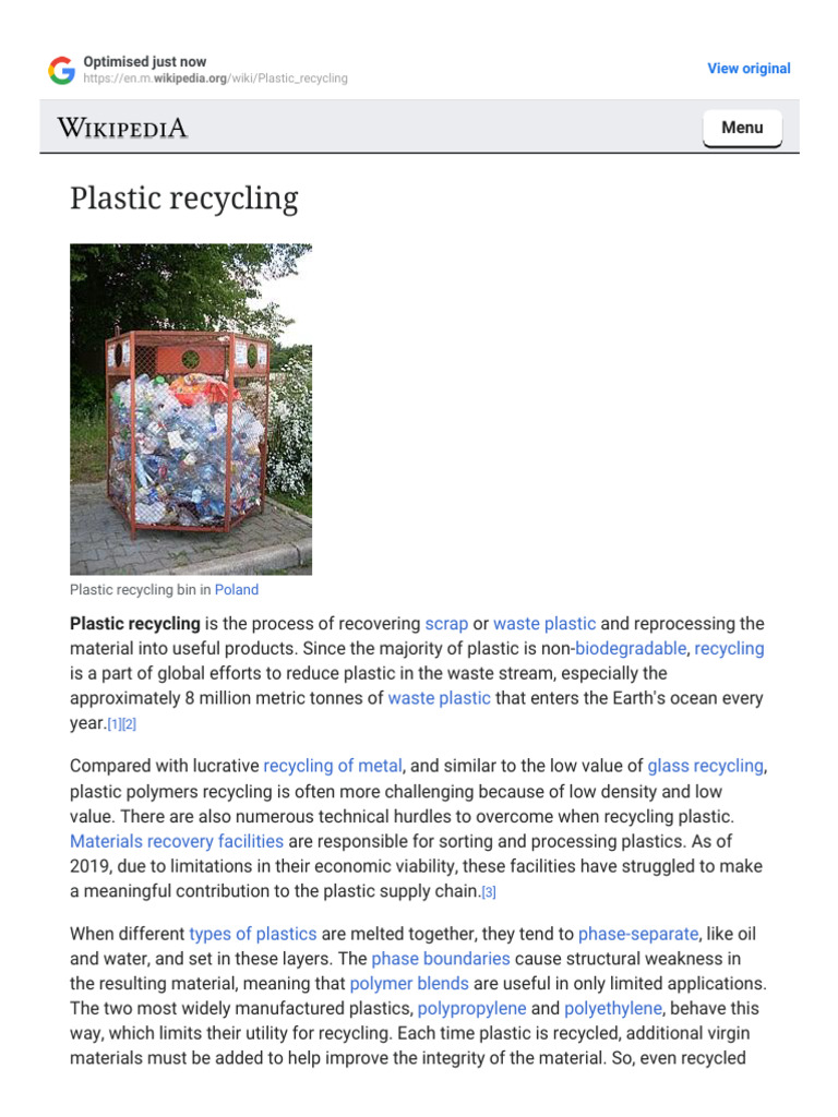 Plastic Recycling - Wikipedia | PDF | Recycling | Plastic