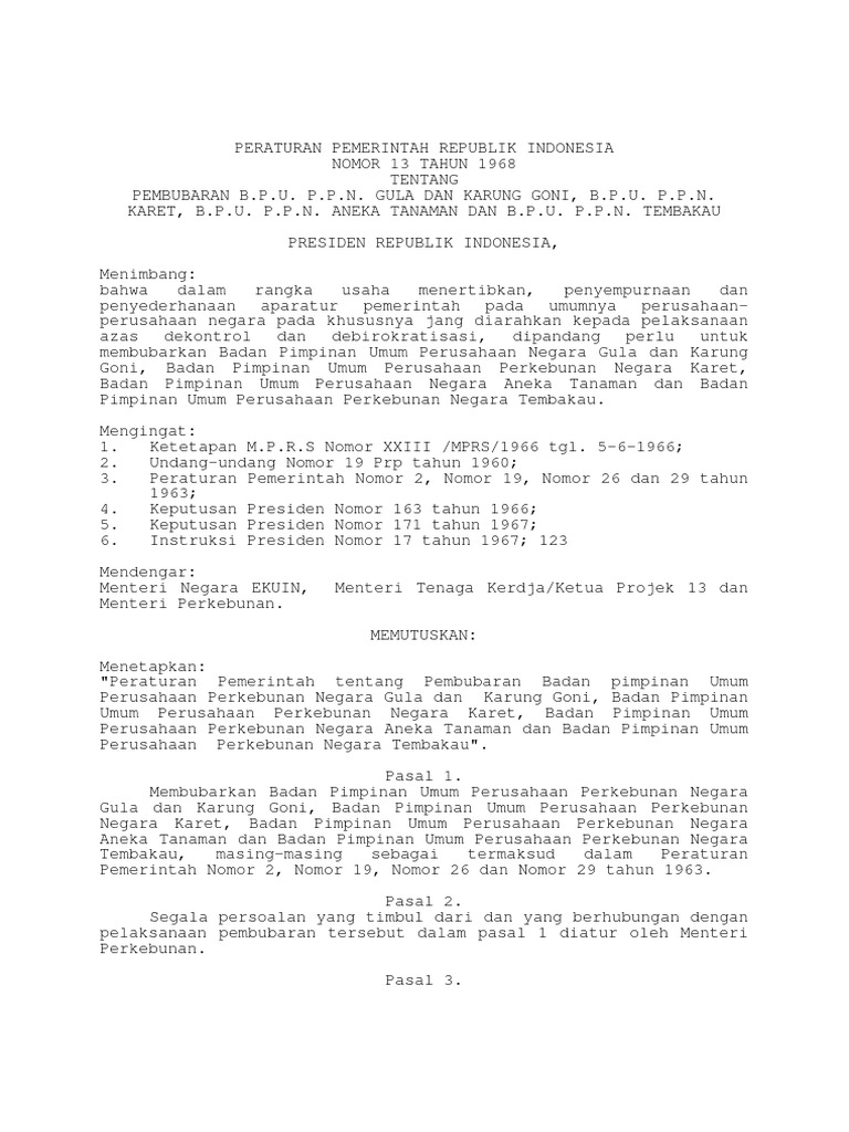 Pembubaran BPU Perkebunan 1968 | PDF