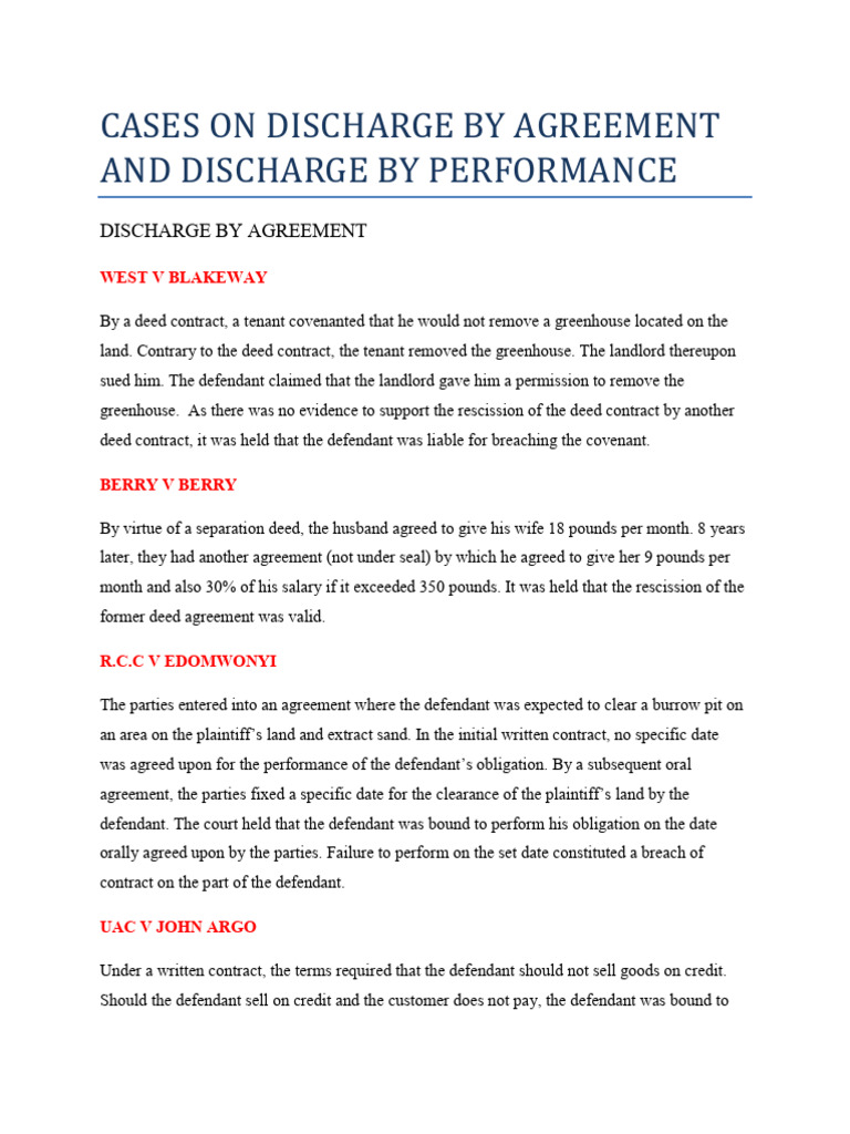 Contract Discharge Cases Analysis | PDF | Breach Of Contract | Debt