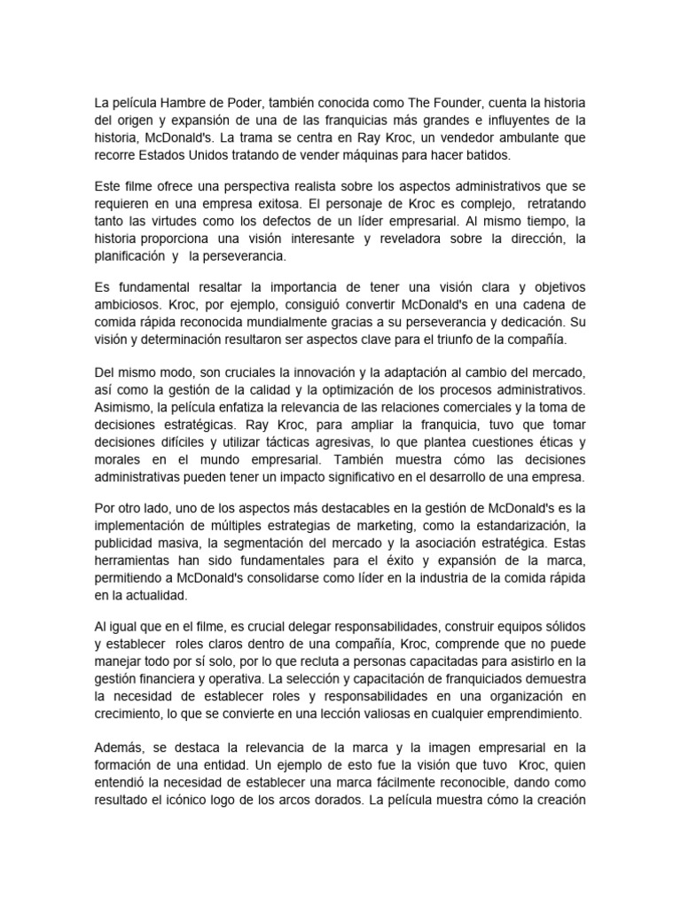 Ensayo de La Pelicula Del Hambre Del Poder | PDF | Iniciativa ...