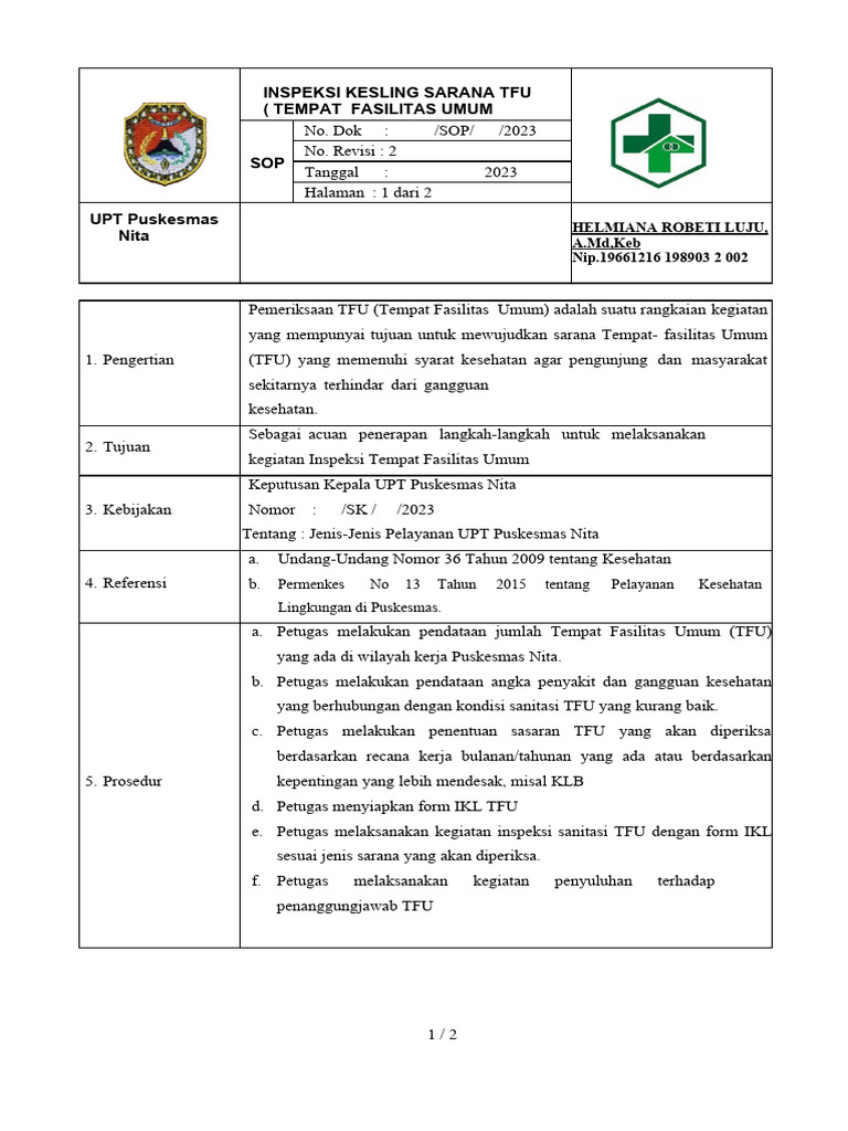 SPO INSPEKSI KESLING (TTU) 2022 | PDF