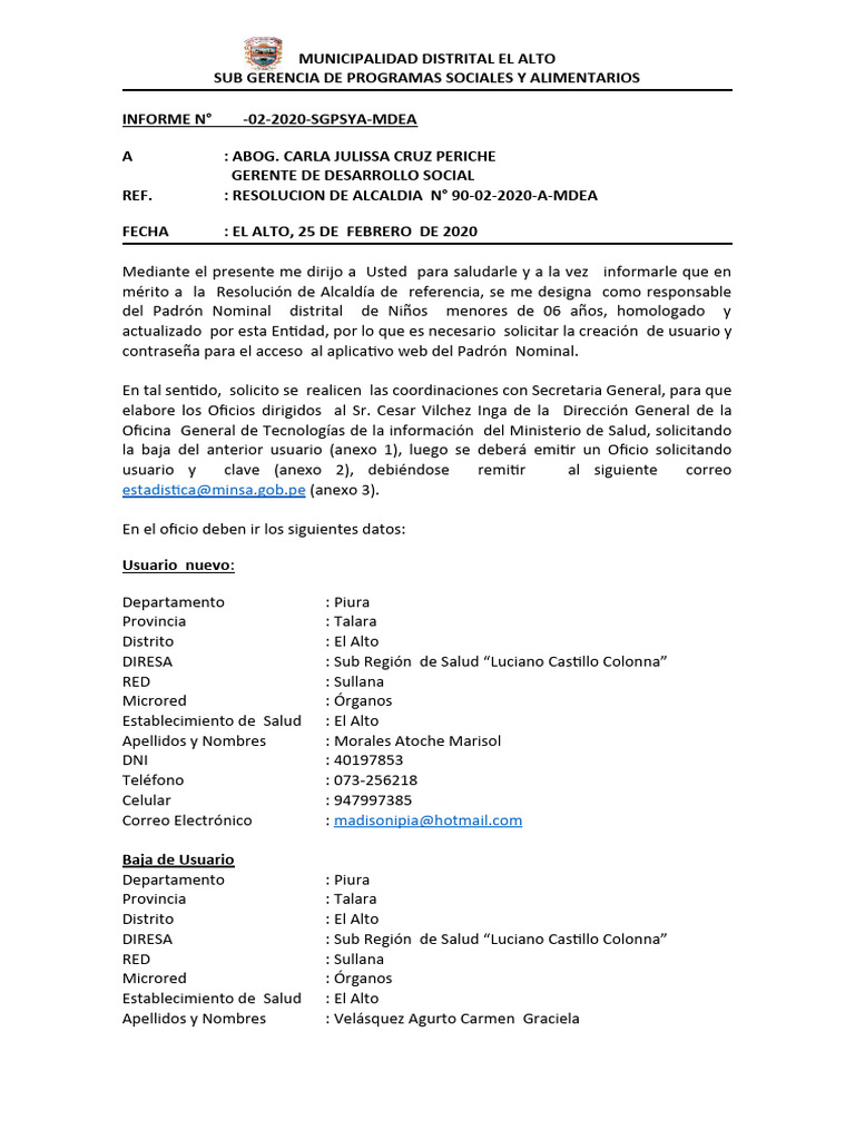 INFORME N Usuario Padron Nominal | PDF | Informática