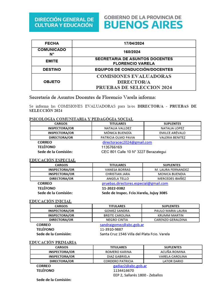 Comunicado N°160.comisiones Evaluadoras Pruebas Seleccion Directores 2024 | PDF