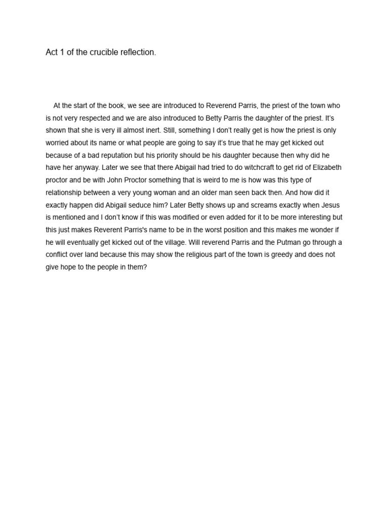 Reflection on Act 1 of The Crucible | PDF