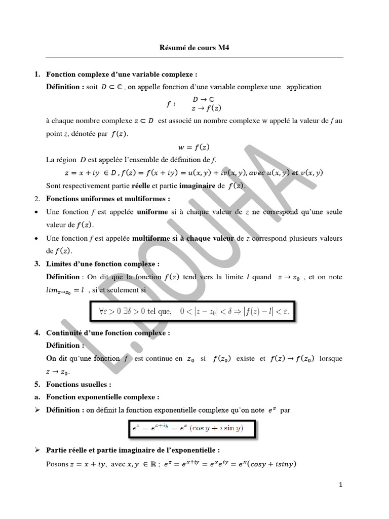 Resume Cours Math4 | PDF | Fonction holomorphe | Fonction exponentielle